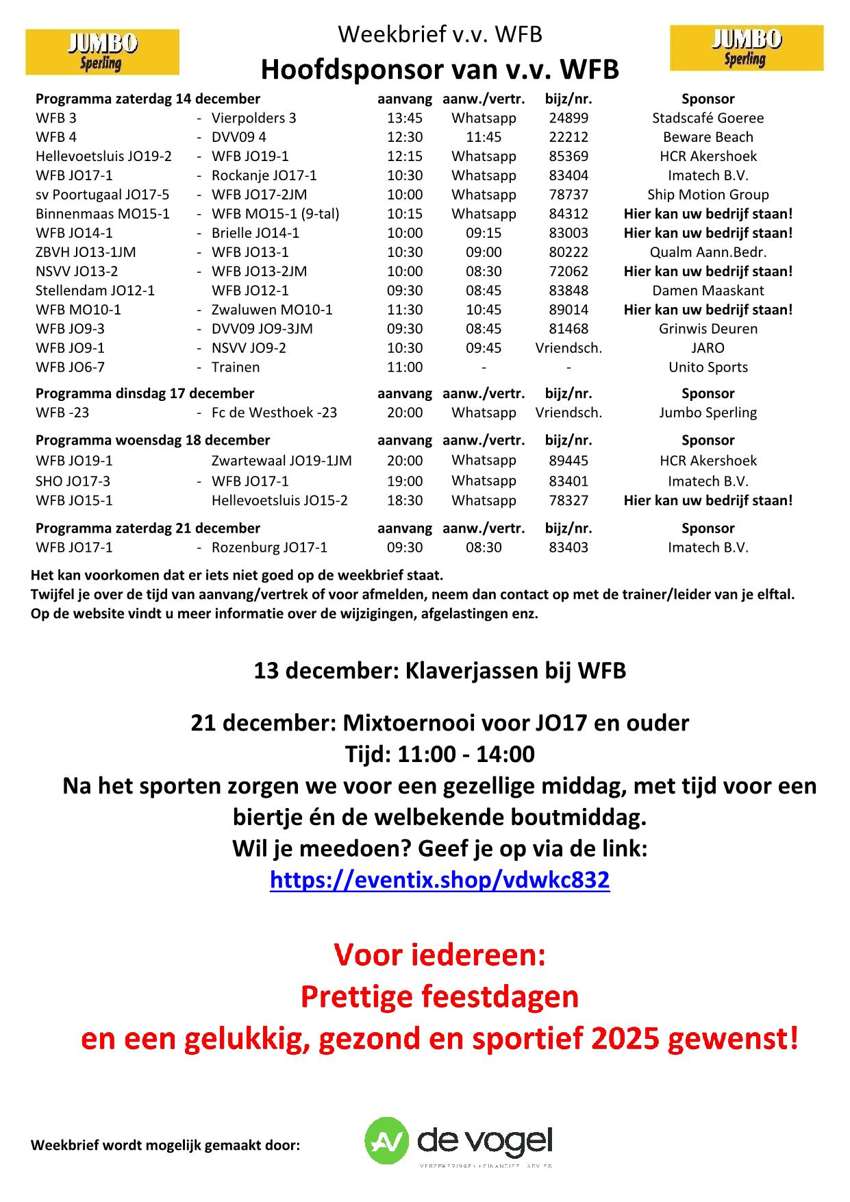 Gewijzigde weekbrief 16 seizoen 2024-2025, tm 21 december ...