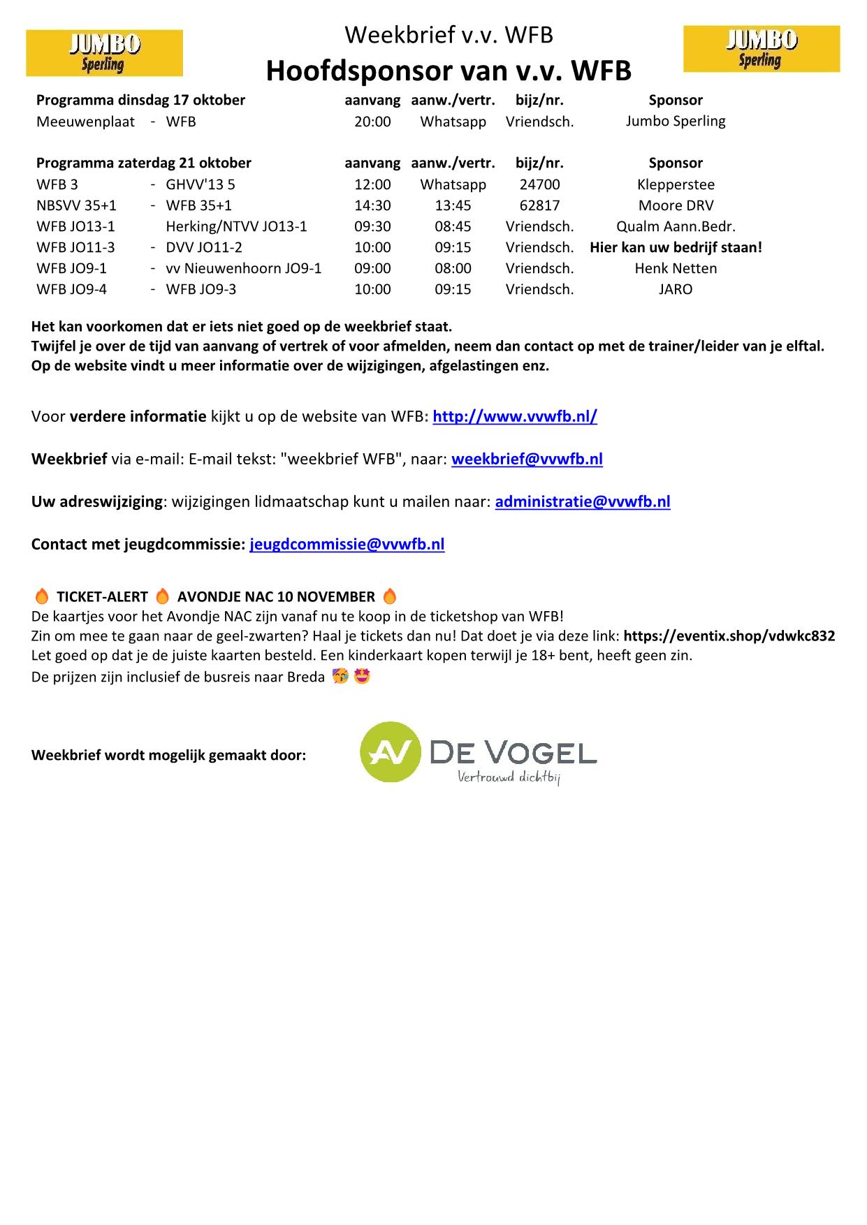 Weekbrief 9 seizoen 2023-2024, tm 21 oktober | Voetbalvereniging WFB ...