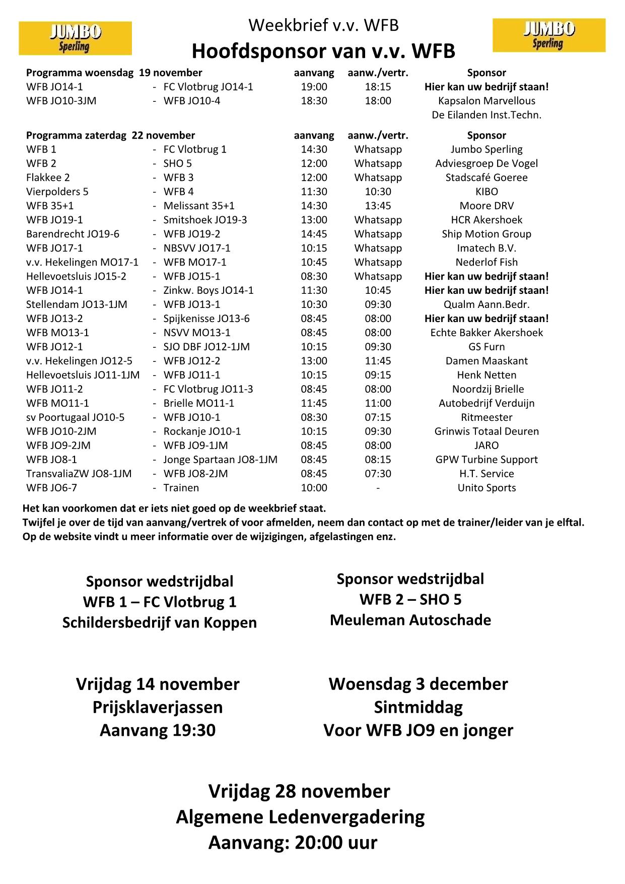 Weekbrief 12 seizoen 2025-2026, 22 november | Voetbalvereniging WFB Ouddorp